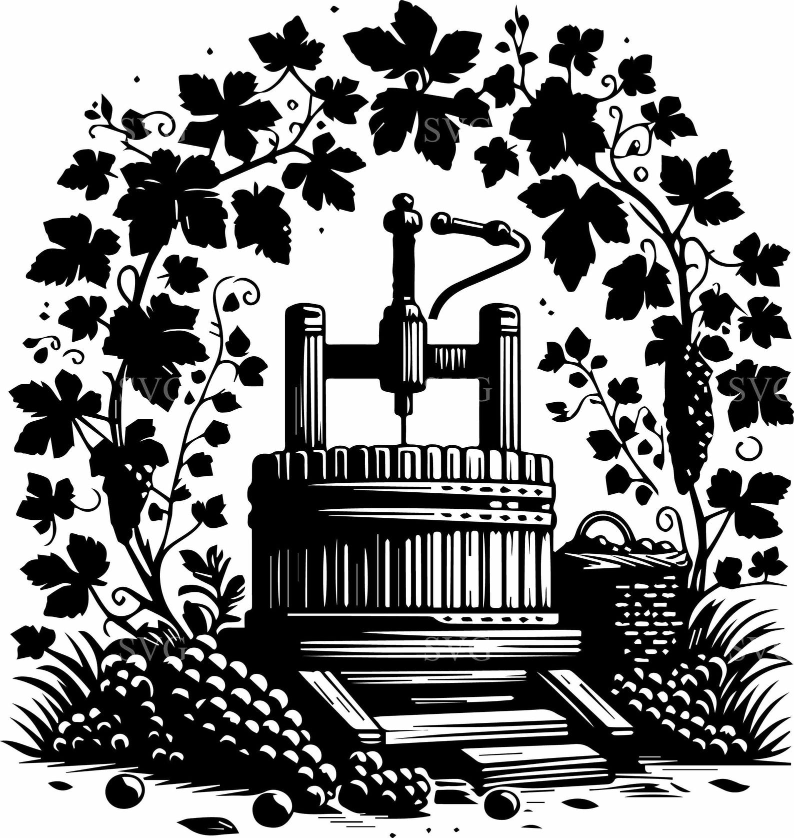 6 Wine Press SVG Cut File – 6 Vineyard Grape Harvest Silhouette for ...