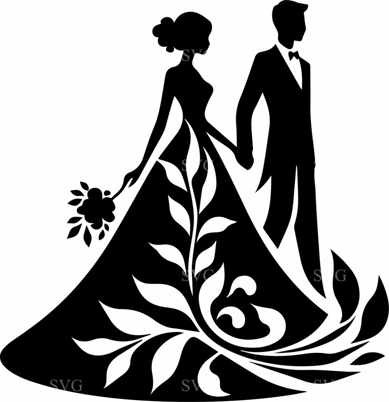 8 Wedding Couple Silhouette SVG – Bride and Groom Holding Hands Elegant ...