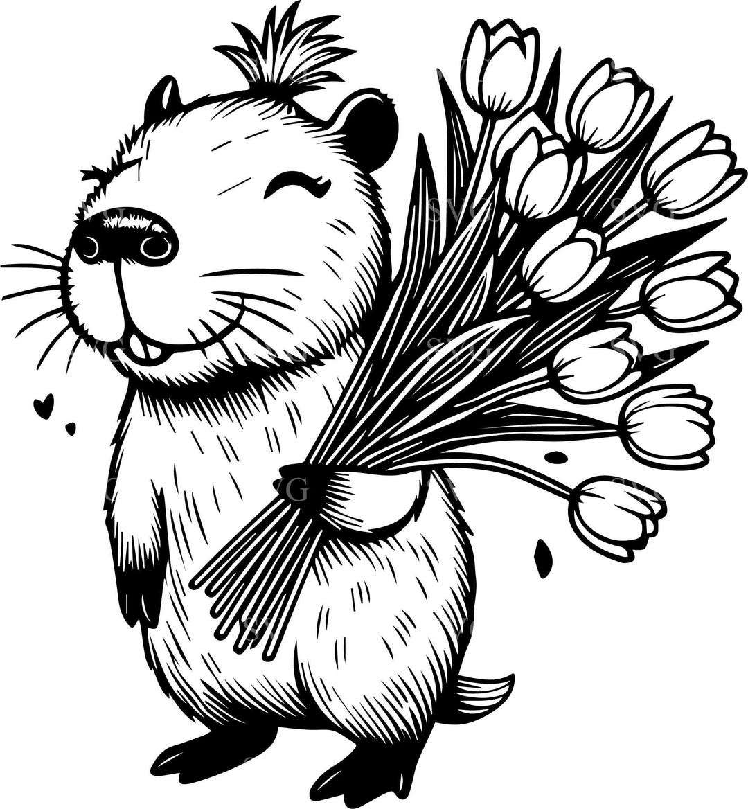 4 Capybara SVG Cut File Capybara Holding Tulip Bouquet - Spring Cricut ...