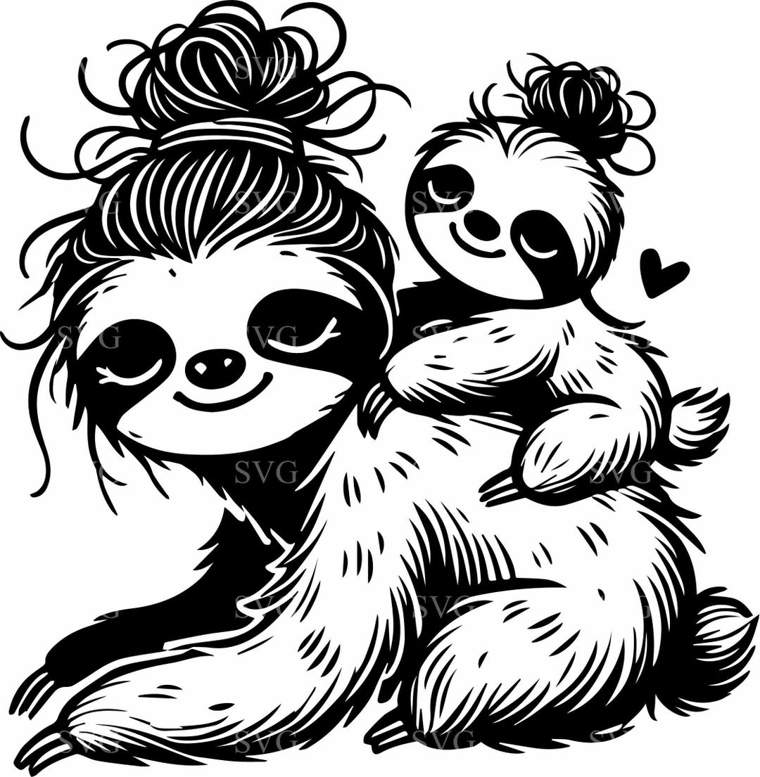 Sloth SVG Cut File With Baby, 4 Adorable Mother Sloth and Child Design ...