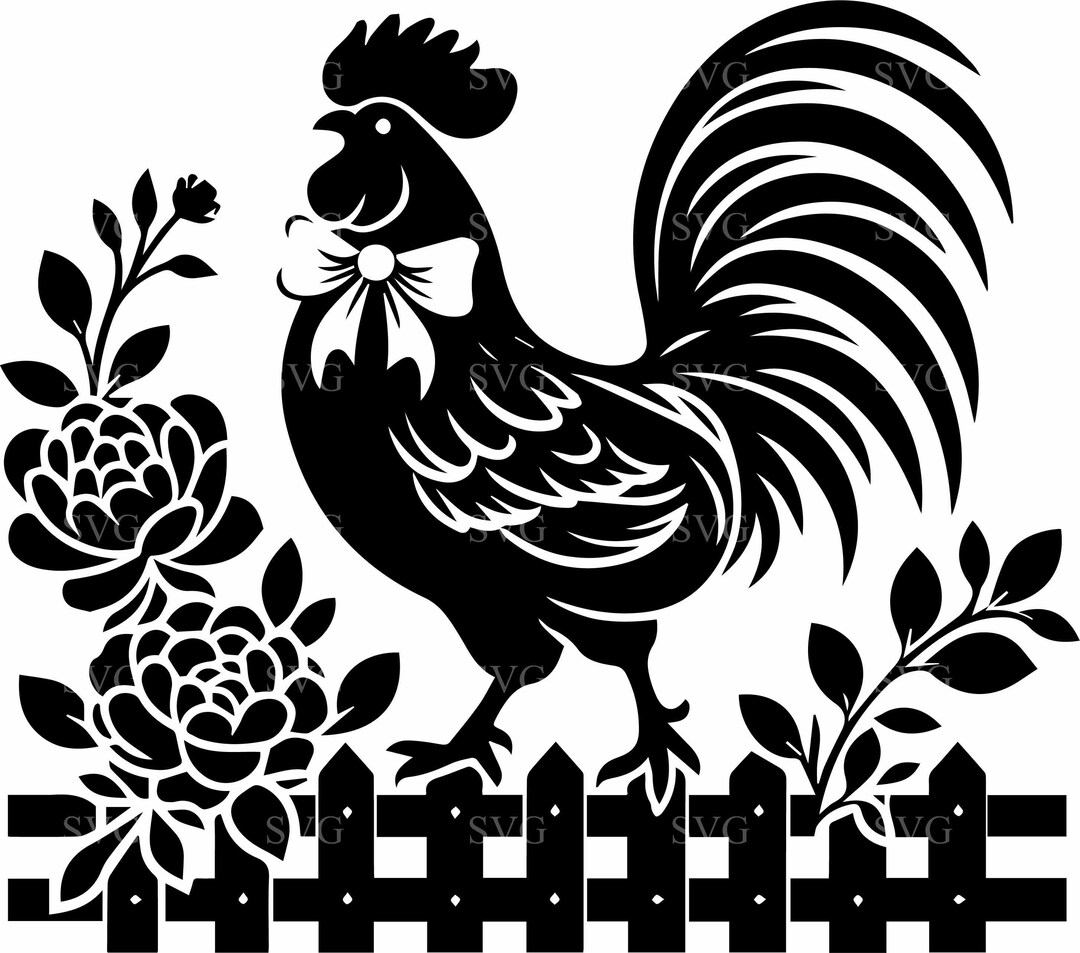 4 Rooster SVG Cut File With Flowers and Fence, Farmyard Chicken Clipart ...