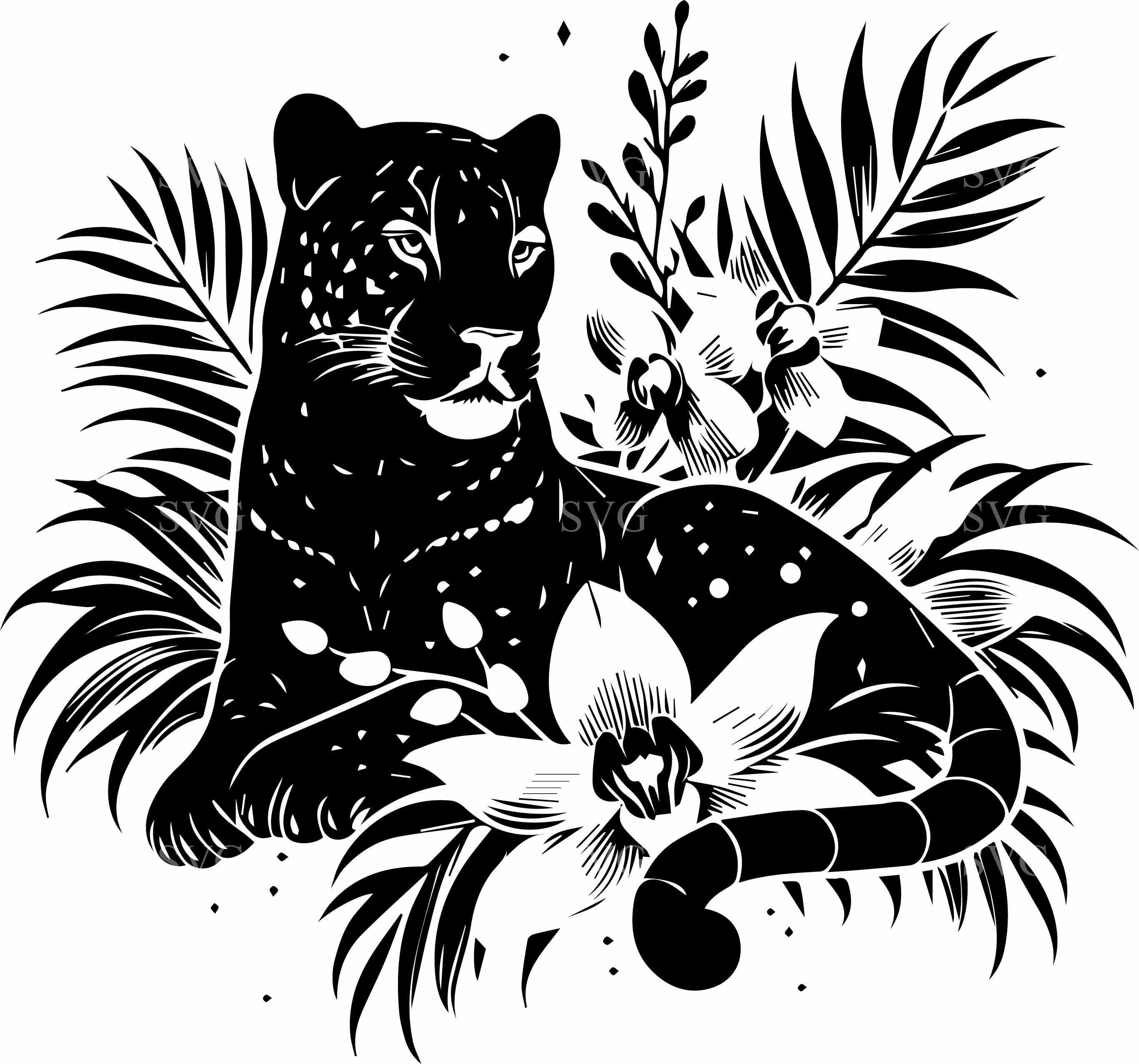 8 Leopard SVG, 8 Jungle Cat Silhouette With Tropical Flowers Cut File ...