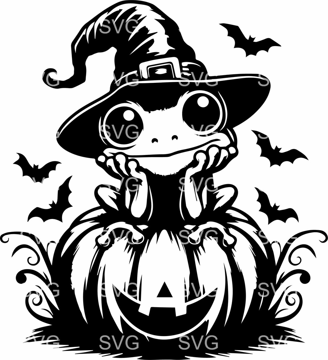 Halloween Frog SVG 8 Cut File Cute Frog in Witch Hat on Pumpkin Spooky ...