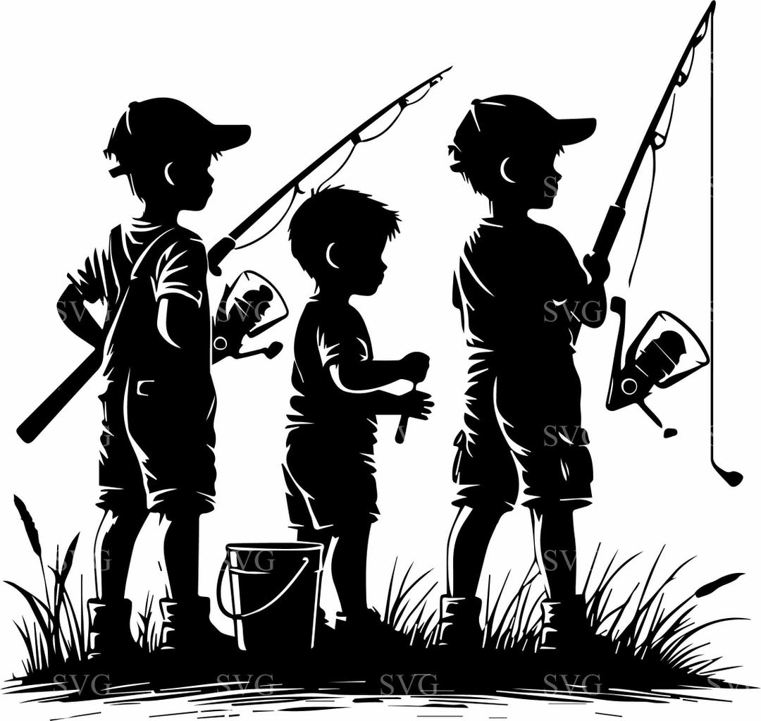 Kids Fishing SVG 4 Cut File - Silhouette of Three Boys With Fishing ...