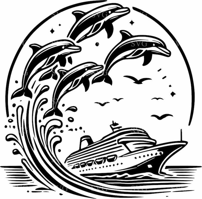 Dolphins and Cruise Ship SVG 3 Cut File - Jumping Dolphins Ocean Scene ...