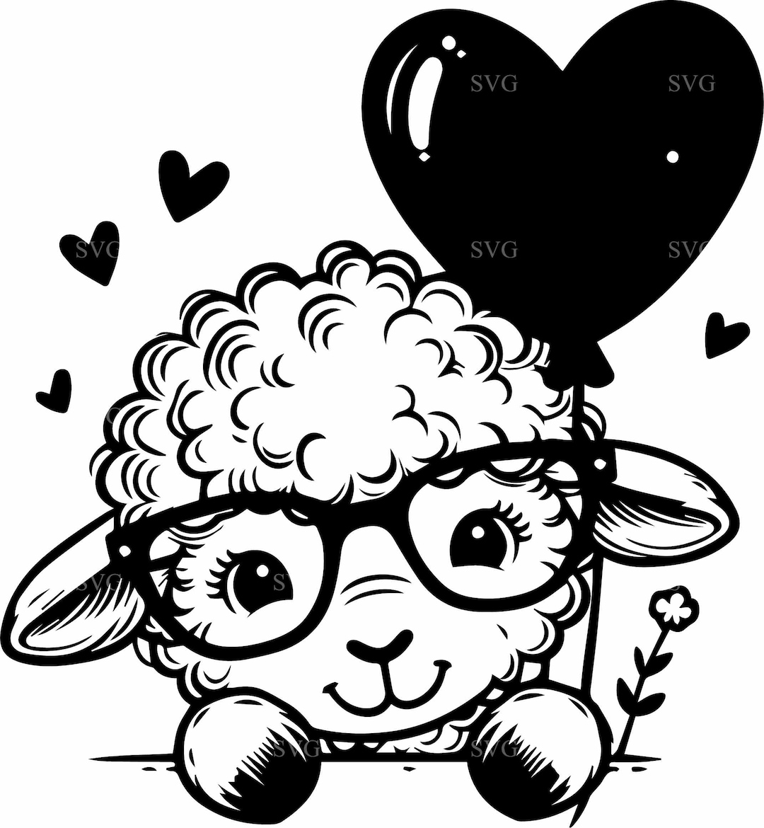 Cute Lamb SVG 4 Cut File With Heart Balloon and Glasses Adorable Sheep ...
