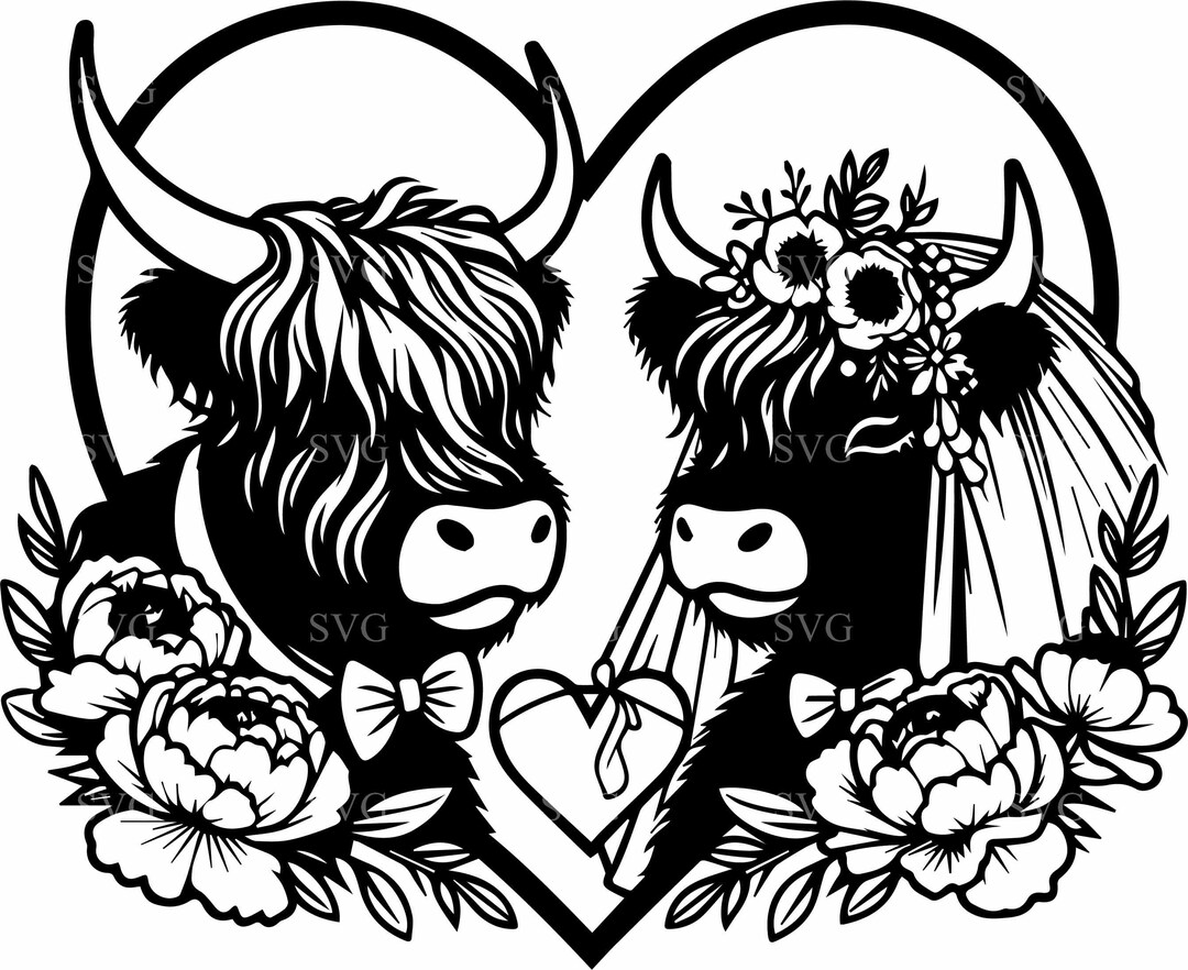 Wedding Highland Cow SVG 3 Cut File, Bride and Groom Cows in Heart ...
