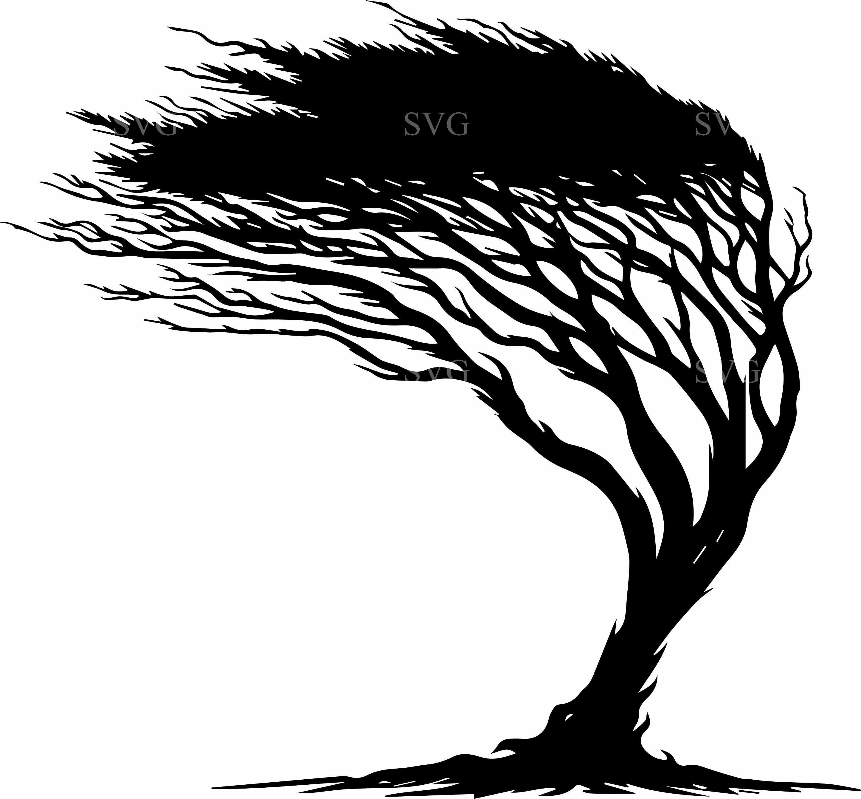 8 Windy Silhouette Tree SVG – 8 Blowing Tree Cut File for Rustic Decor ...