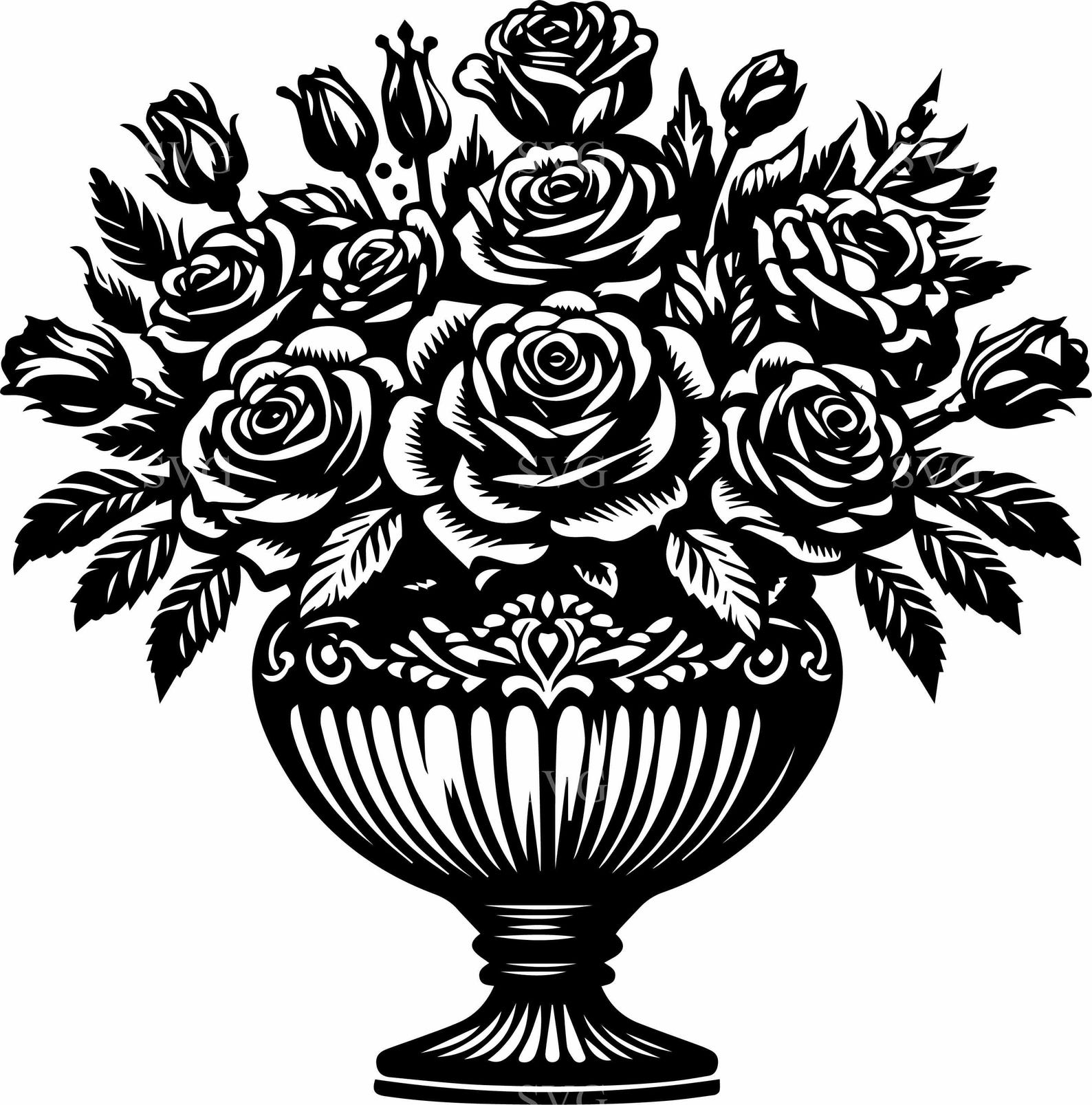 5 Vintage Roses in Vase SVG Elegant Floral Arrangement Clipart ...
