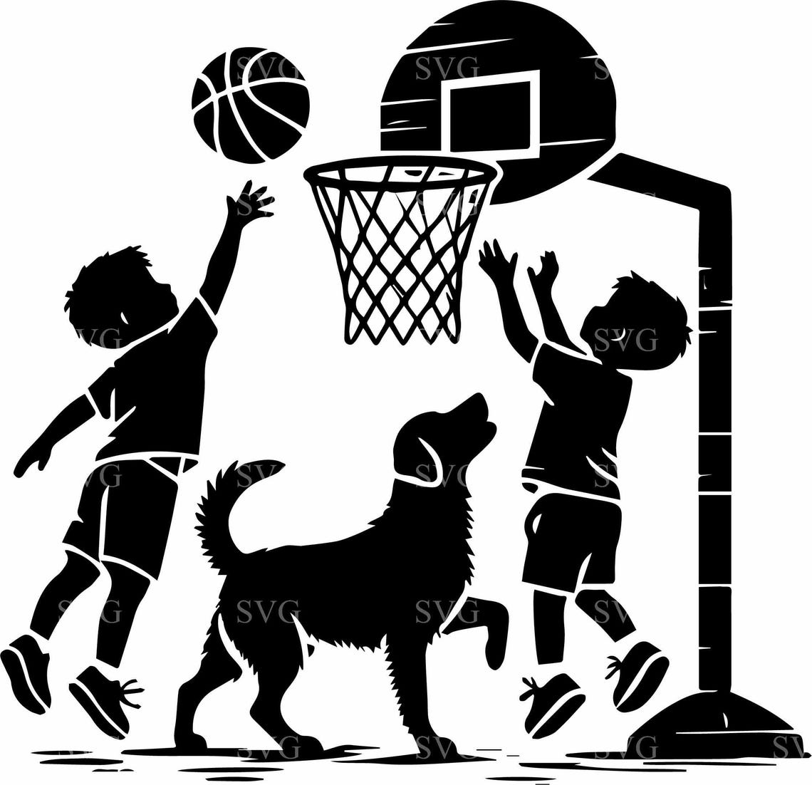 Kids Basketball With Dog SVG 4 Cut File - Silhouette of Boys Playing ...