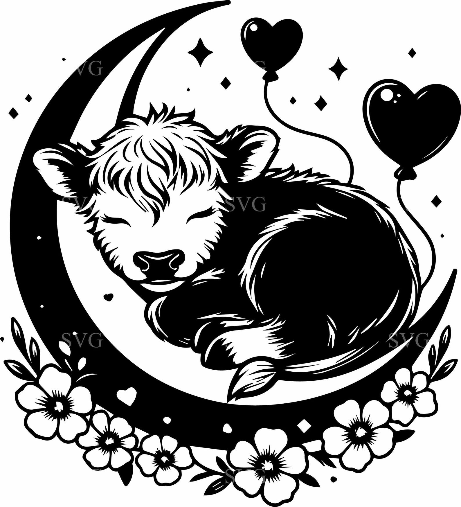 10 Baby Calf Moon SVG – Sleeping Cow Crescent Night Hearts Floral ...