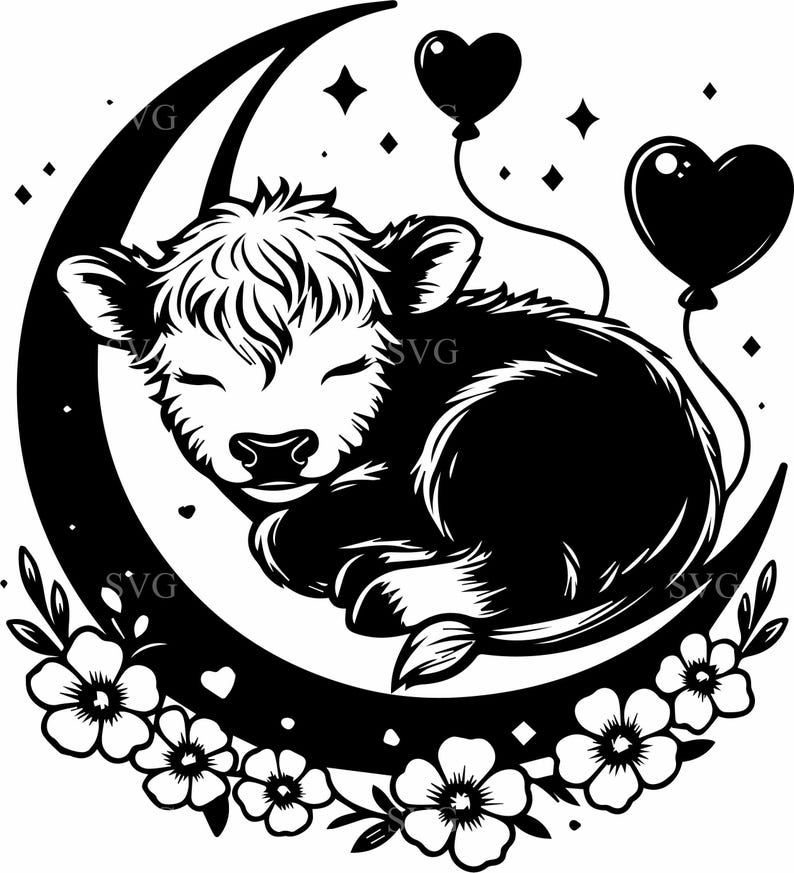 10 Baby Calf Moon SVG – Sleeping Cow Crescent Night Hearts Floral ...