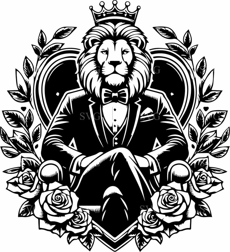 5 Lion in Suit SVG – Elegant Animal With Crown, Roses, and Wreath (cut ...
