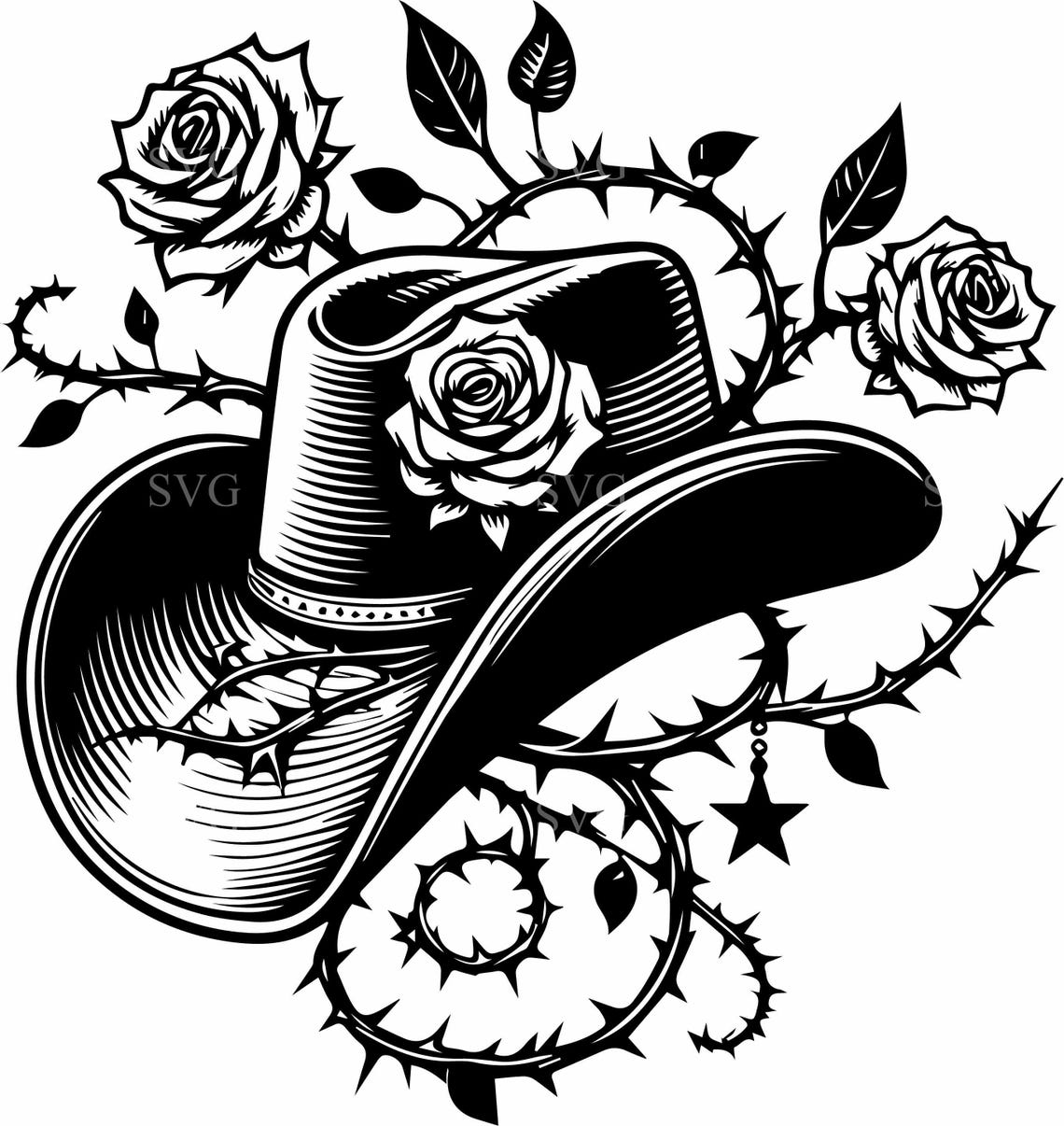 8 Cowboy Hat With Roses SVG Cut File - Western Floral Clipart for ...