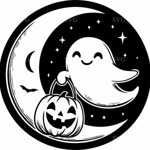 Spooky Ghost With Pumpkins SVG | 5 Halloween Moon Clipart | Cute Ghost ...