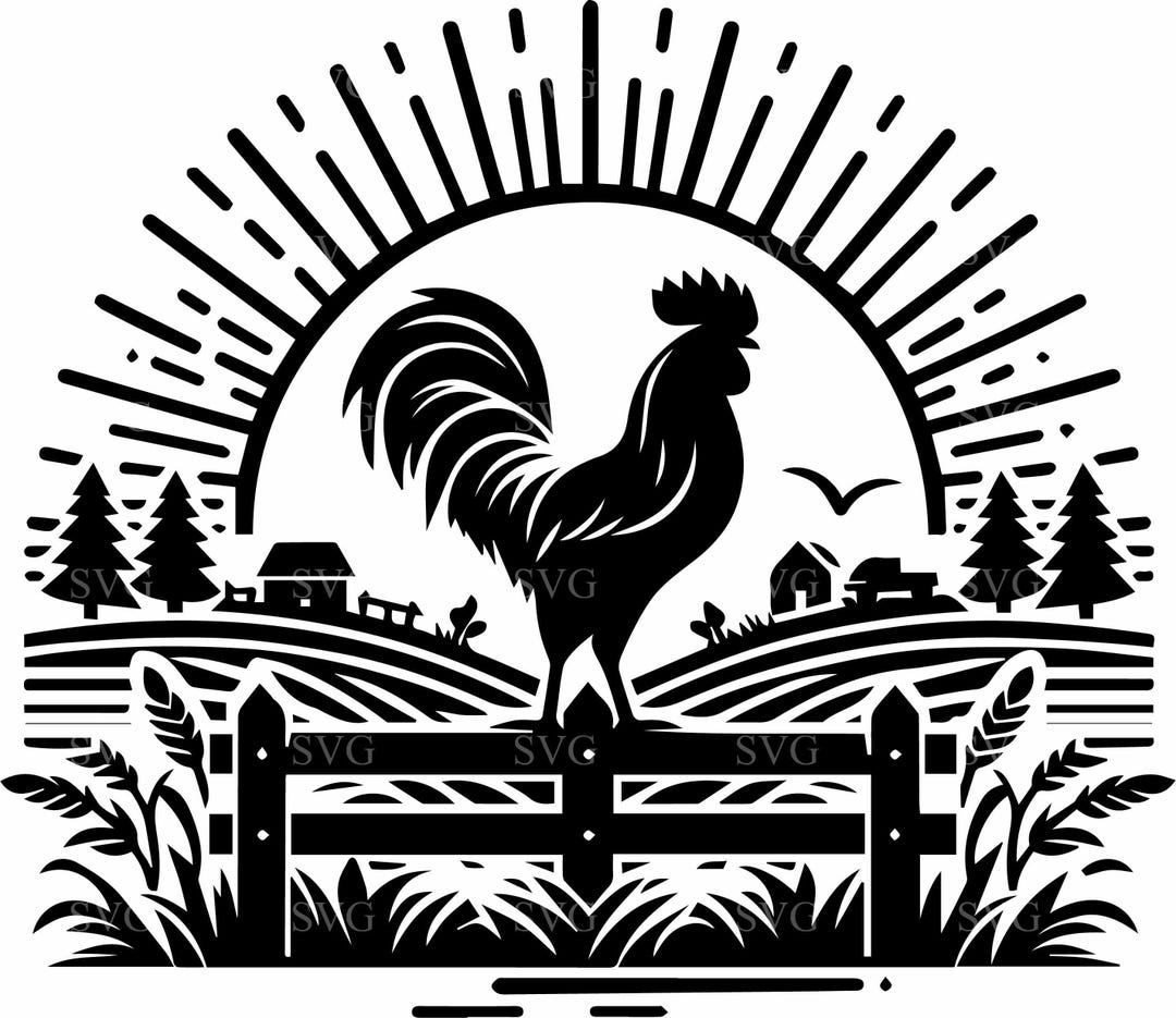 4 Farm Rooster SVG Cut File – Sunrise Barn Scene With Fence and Rooster ...