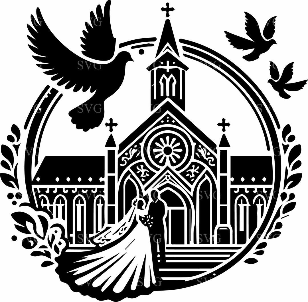 7 Wedding Church SVG Cut File With Doves and Bride Groom Silhouette ...