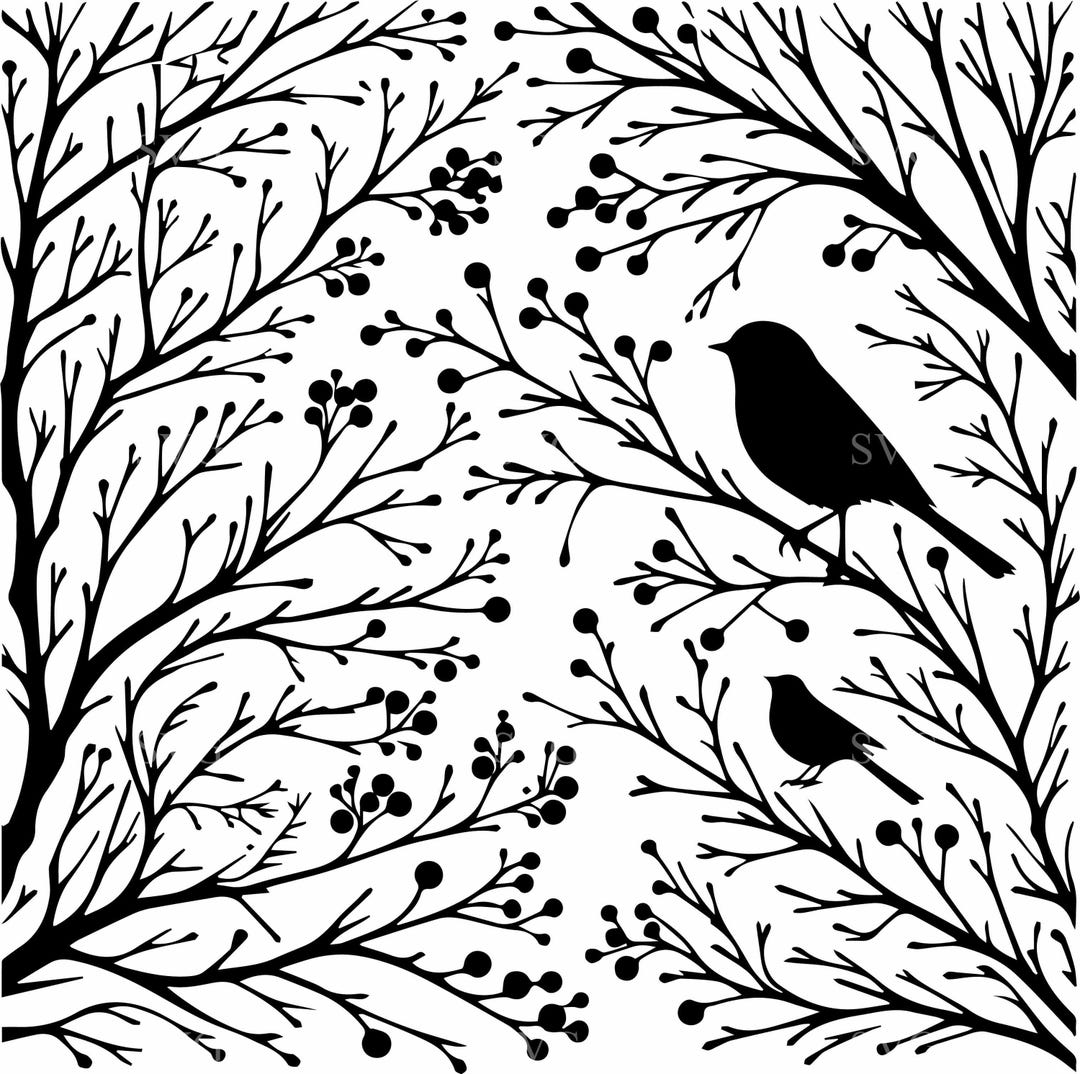 6 Tree Branch SVG – 6 Bird on Berry Twig Cut File – Minimal Silhouette ...