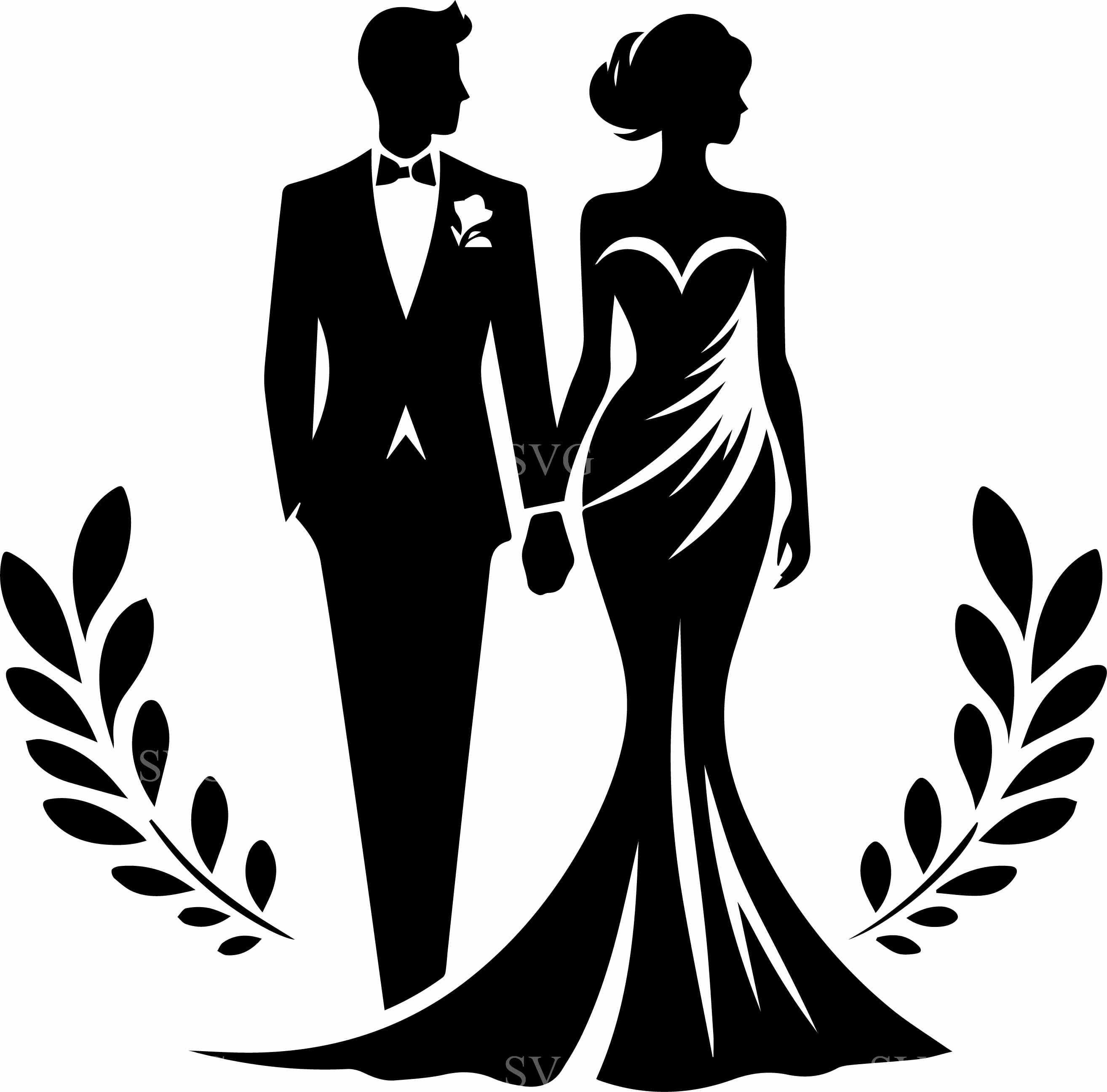 8 Wedding Couple Silhouette SVG – Bride and Groom Holding Hands Elegant ...