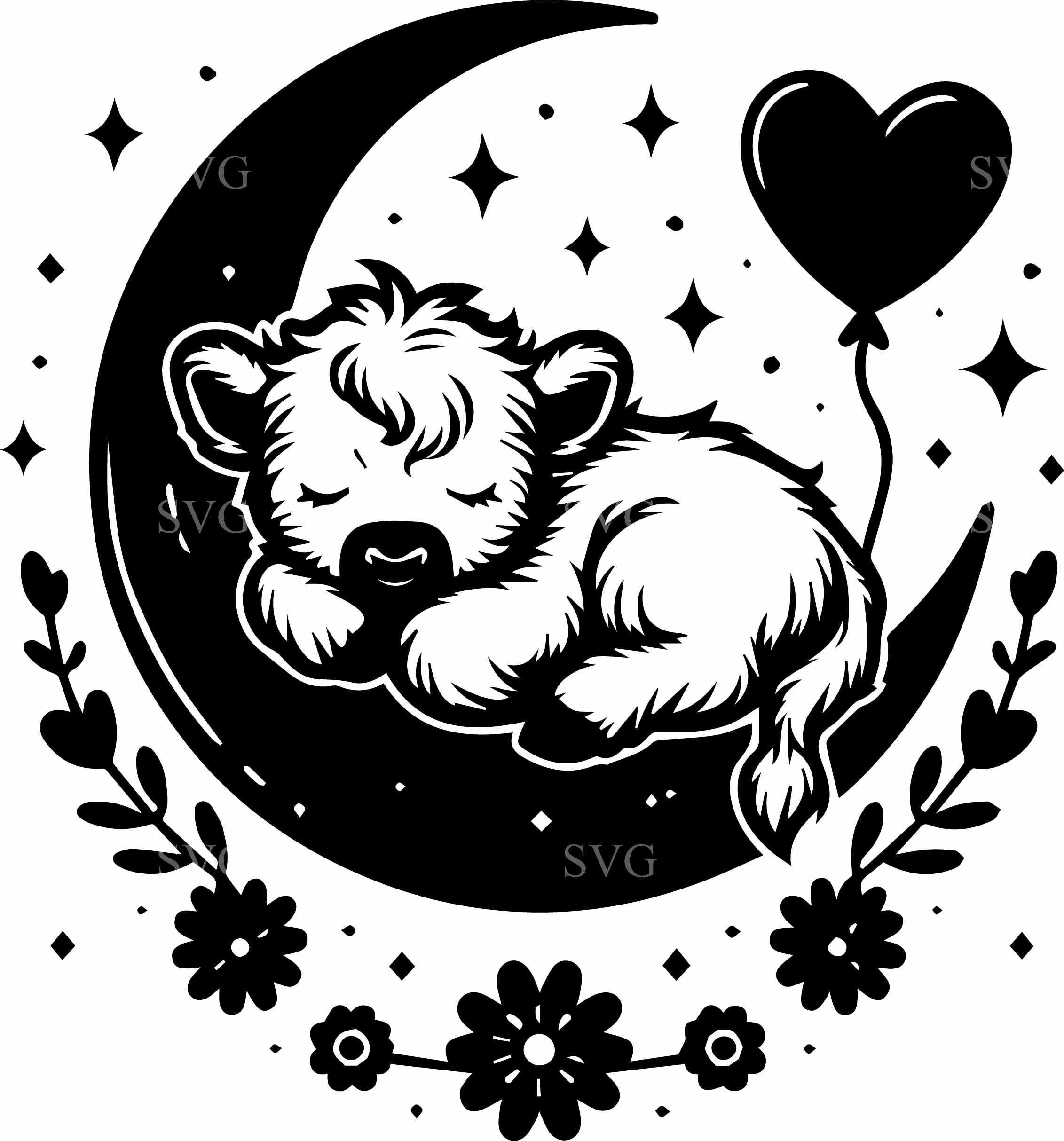 10 Baby Calf Moon SVG – Sleeping Cow Crescent Night Hearts Floral ...