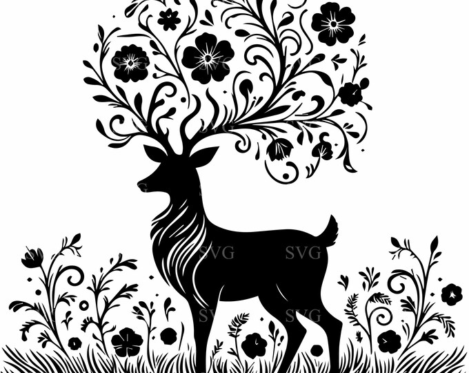 5 Floral Deer SVG Cut File – Elegant Deer With Flower Antlers, Nature ...