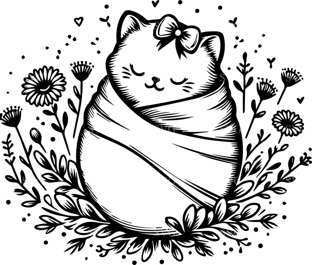 Baby Kitten SVG 6 Cut File, Swaddled Cat Floral Clipart, Cute Sleeping ...