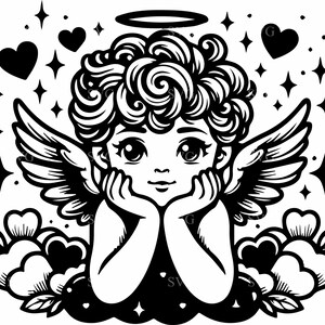 Dreamy Cupid SVG 4 Cut File, Adorable Angel With Hearts and Stars ...