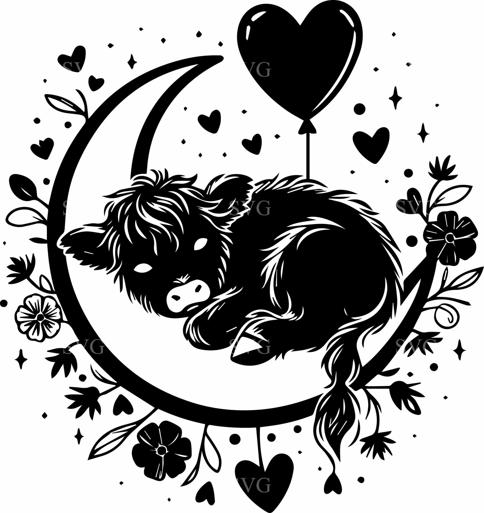10 Baby Calf Moon SVG – Sleeping Cow Crescent Night Hearts Floral ...