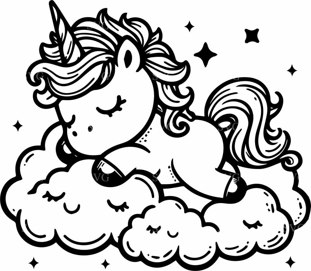 4 Dreamy Unicorn Sleeping on Clouds SVG, Magical Night Sky Cut File for ...