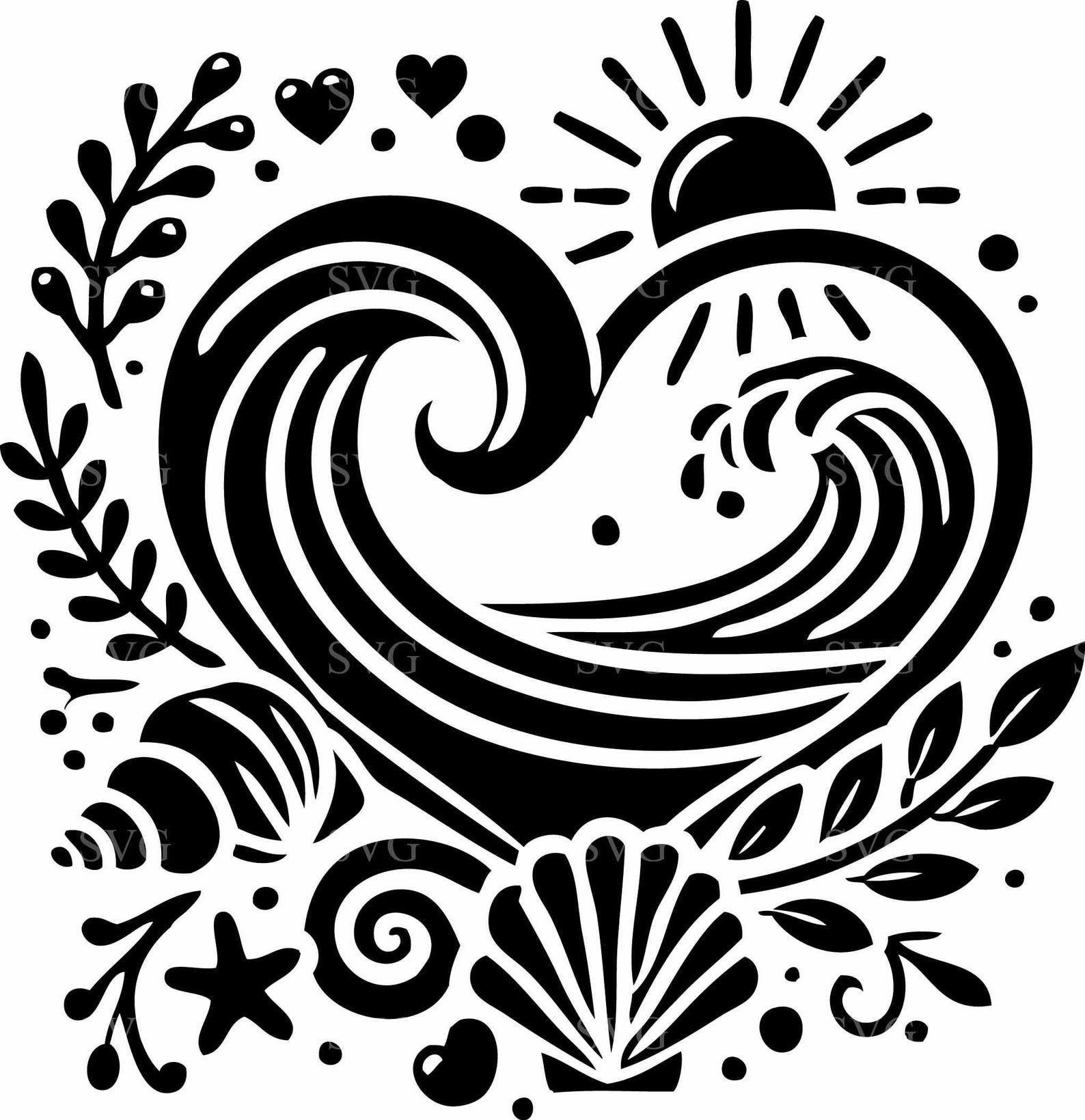 Ocean Heart SVG - 8 Beach Waves Cut File With Sun and Shells for Cricut ...