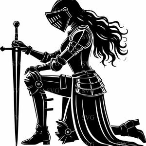 Female Knight SVG 5 Cut File – Warrior Woman Kneeling With Sword ...