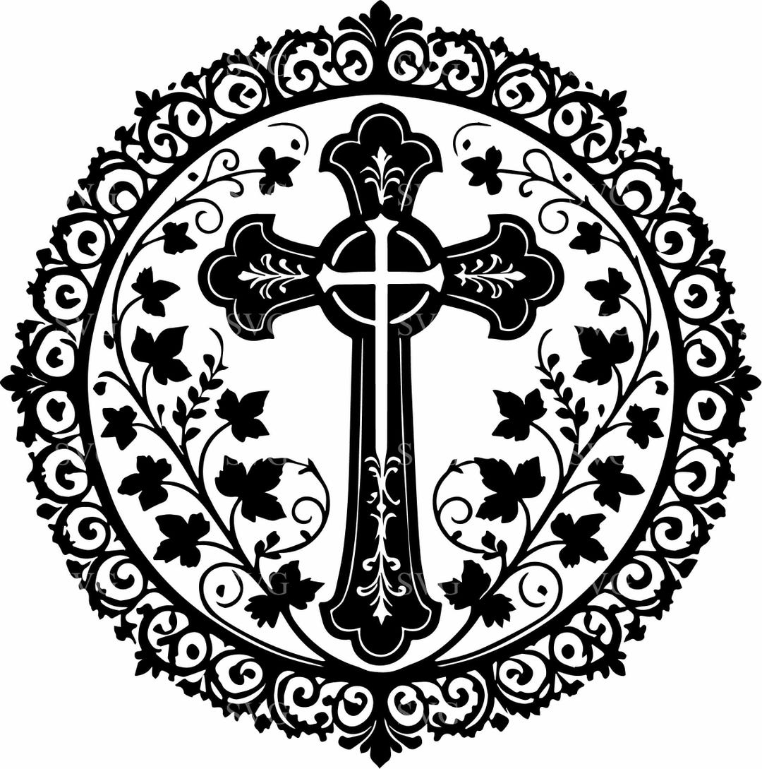 Ornate Cross SVG 6 Cut File – Circular Cross With Decorative Vines ...