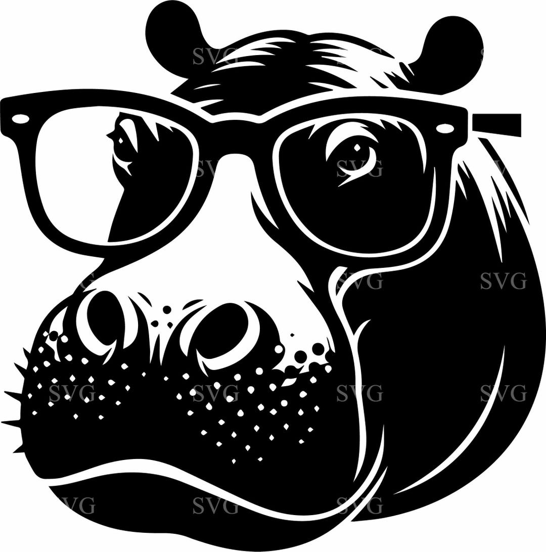 4 Hippo With Glasses SVG, 4 Cartoon Hippo Silhouette Cut File, Quirky ...