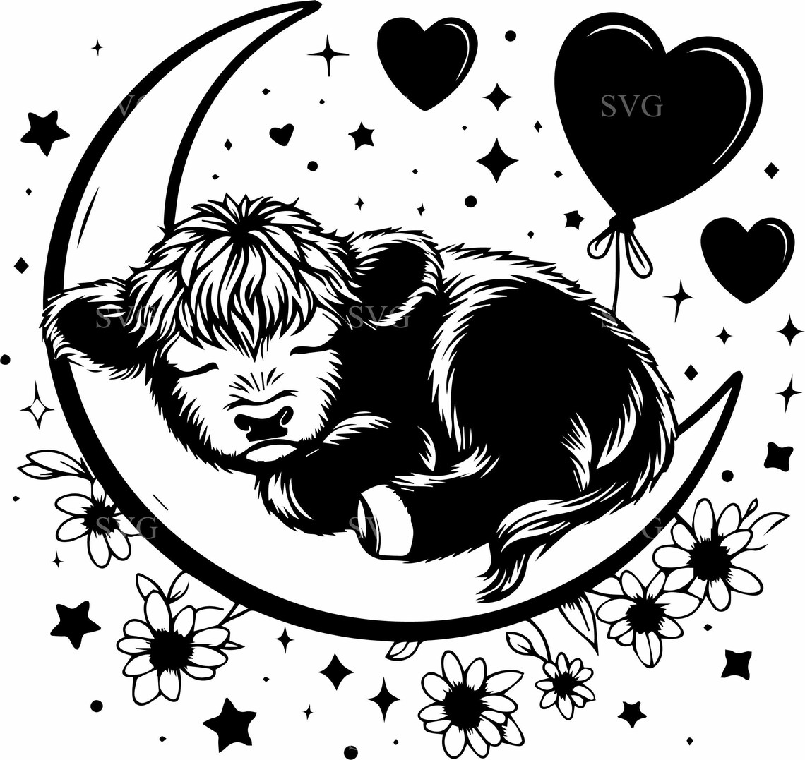 10 Baby Calf Moon SVG – Sleeping Cow Crescent Night Hearts Floral ...