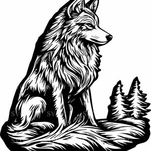 Majestic Wolf SVG - 4 Sitting Wolf in Forest Silhouette - Wildlife ...
