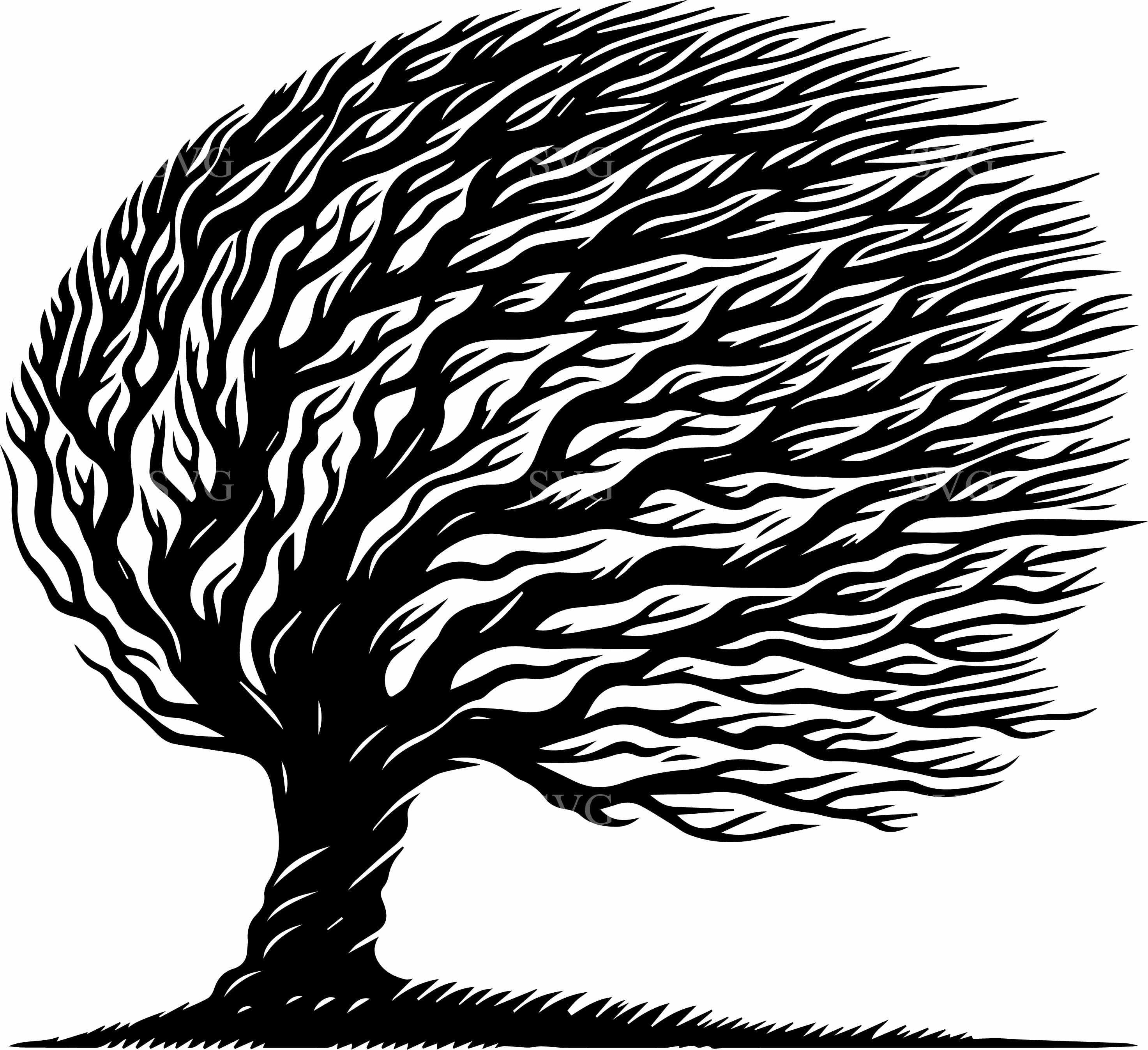 8 Windy Silhouette Tree SVG – 8 Blowing Tree Cut File for Rustic Decor ...