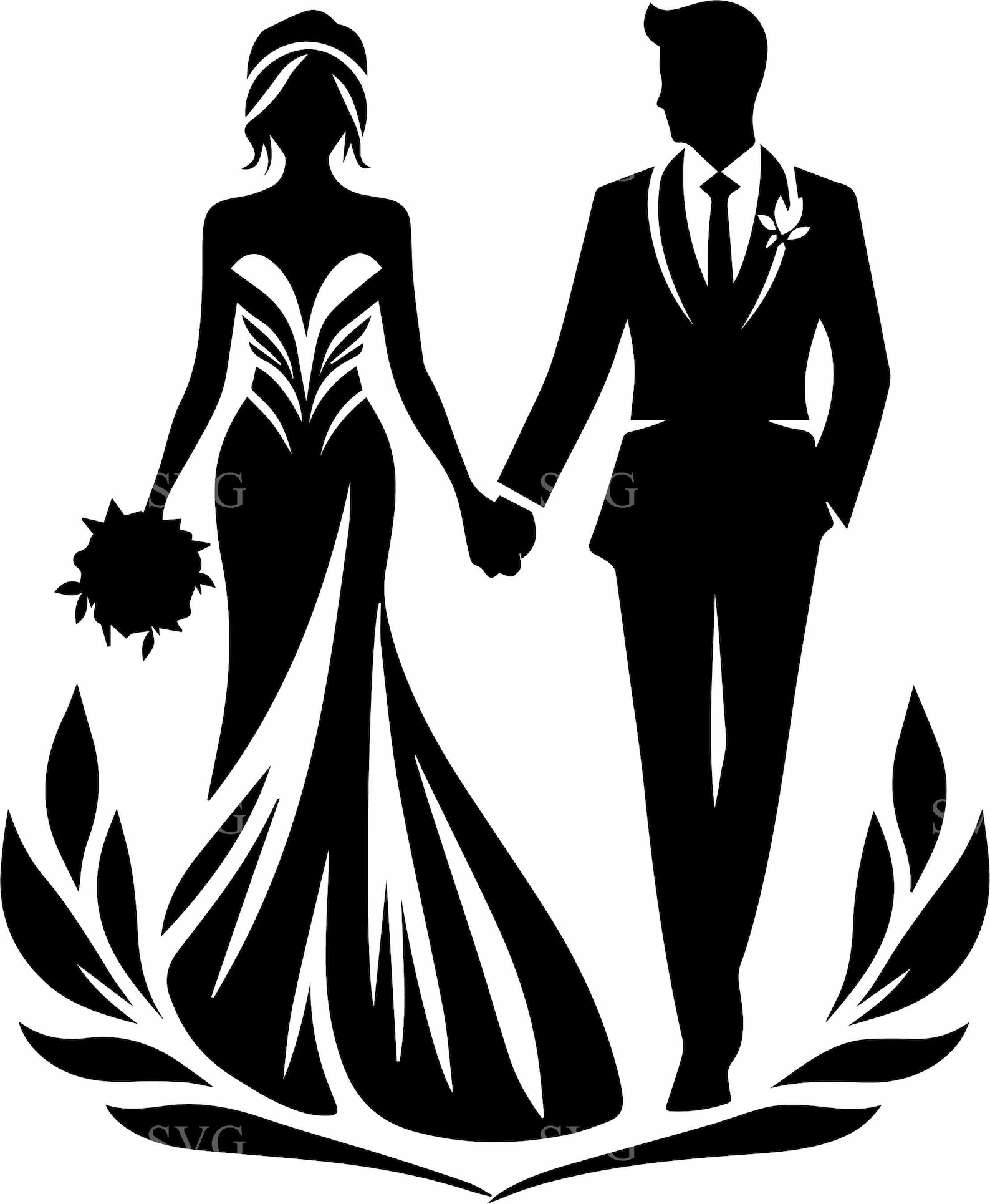 8 Wedding Couple Silhouette SVG – Bride and Groom Holding Hands Elegant ...