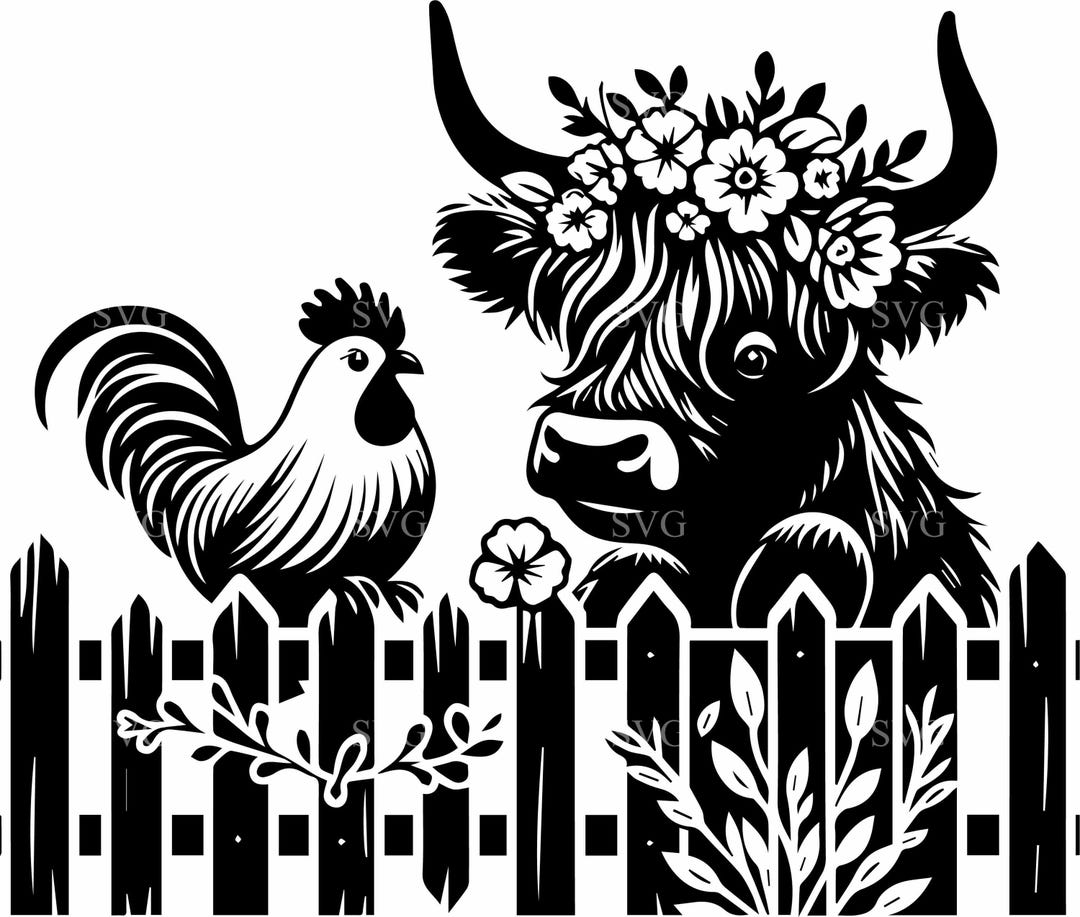 6 Highland Cow and Rooster SVG Floral Cow Cut File Farm Animal Fence ...