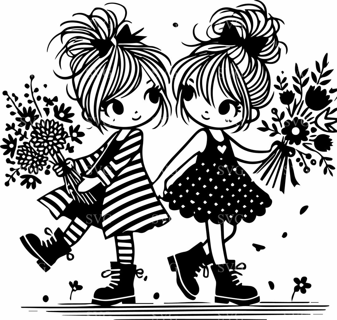 5 Girls Friends SVG Cut File, 5 Cute Girls With Flowers Clipart ...