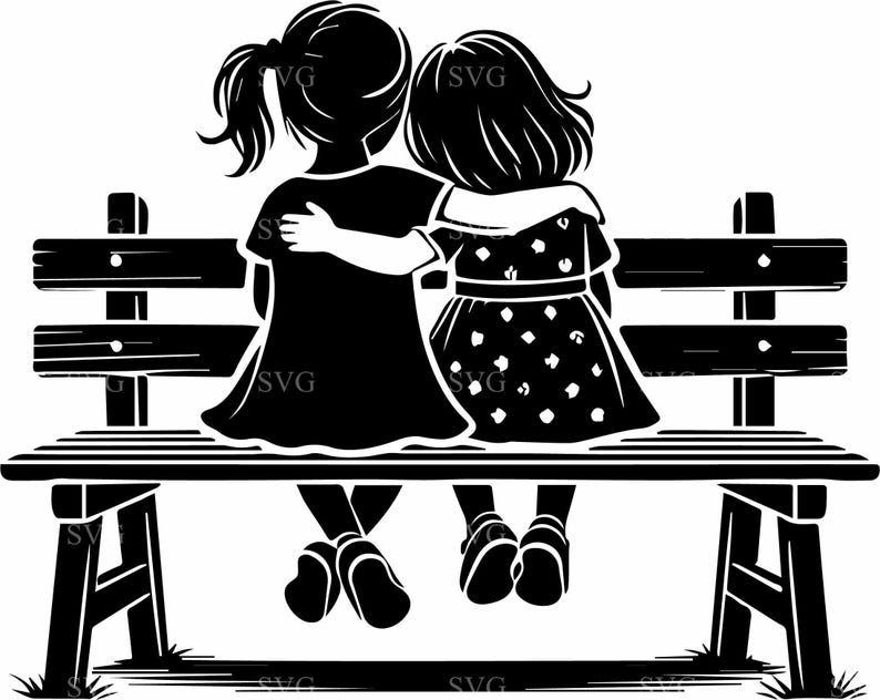 Two Girls SVG Cut File, 4 Sisters Hugging on Bench Silhouette, Family ...