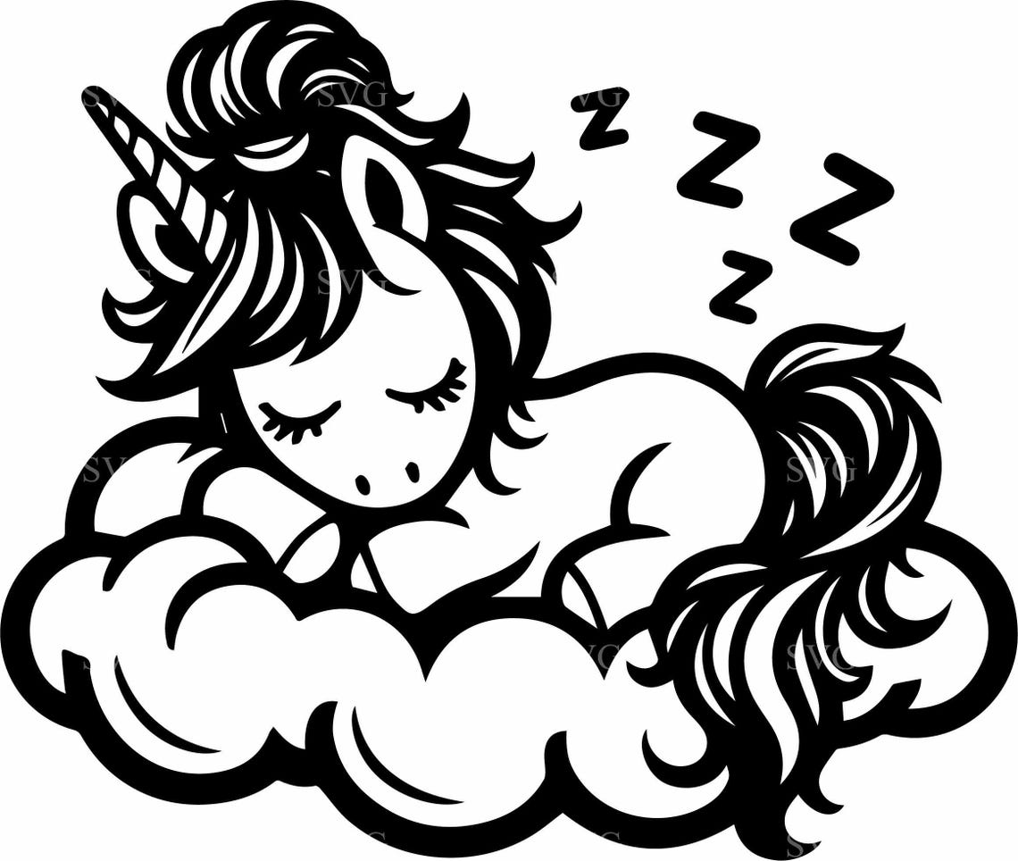 4 Dreamy Unicorn Sleeping on Clouds SVG, Magical Night Sky Cut File for ...