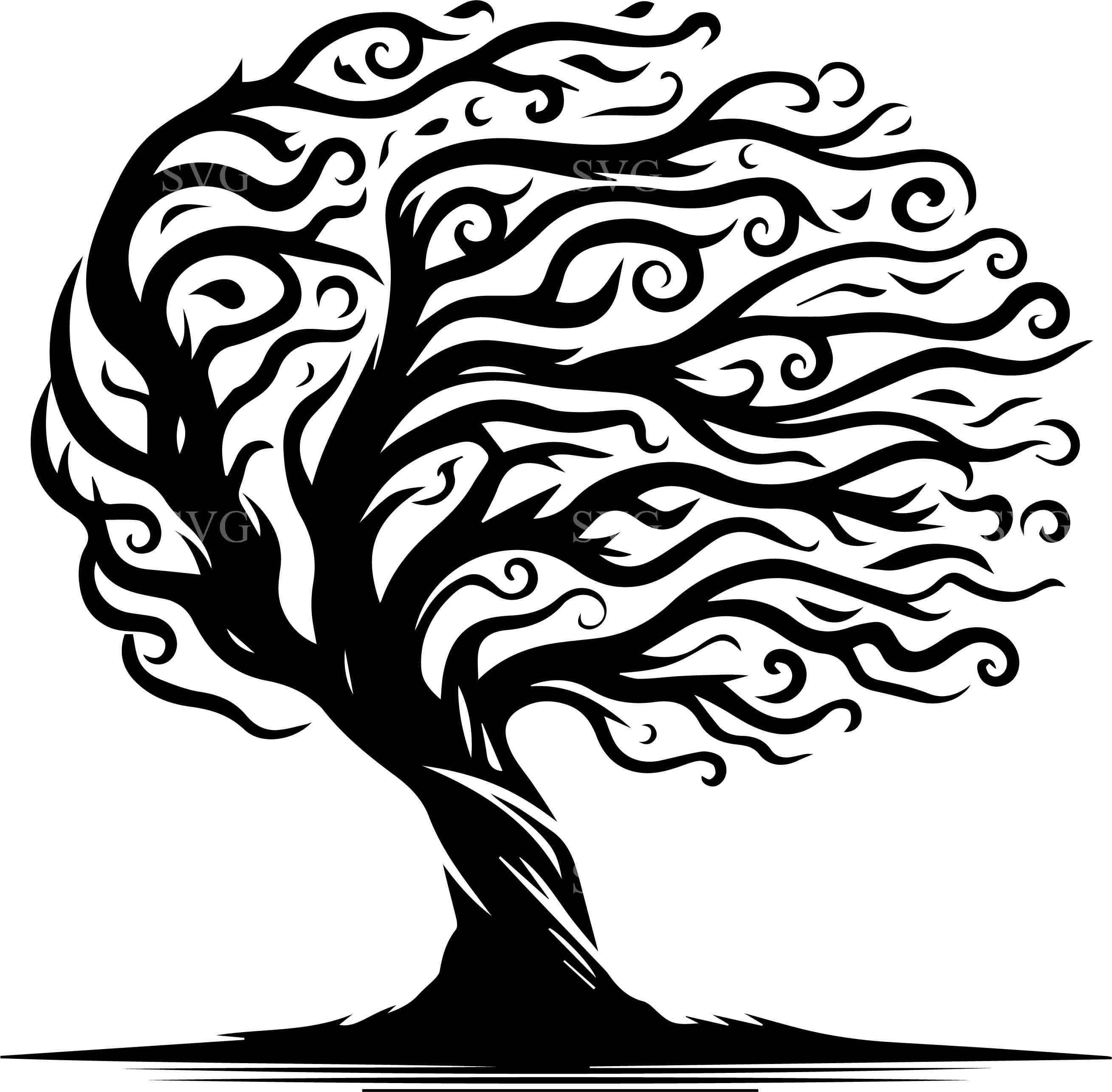 8 Windy Silhouette Tree SVG – 8 Blowing Tree Cut File for Rustic Decor ...
