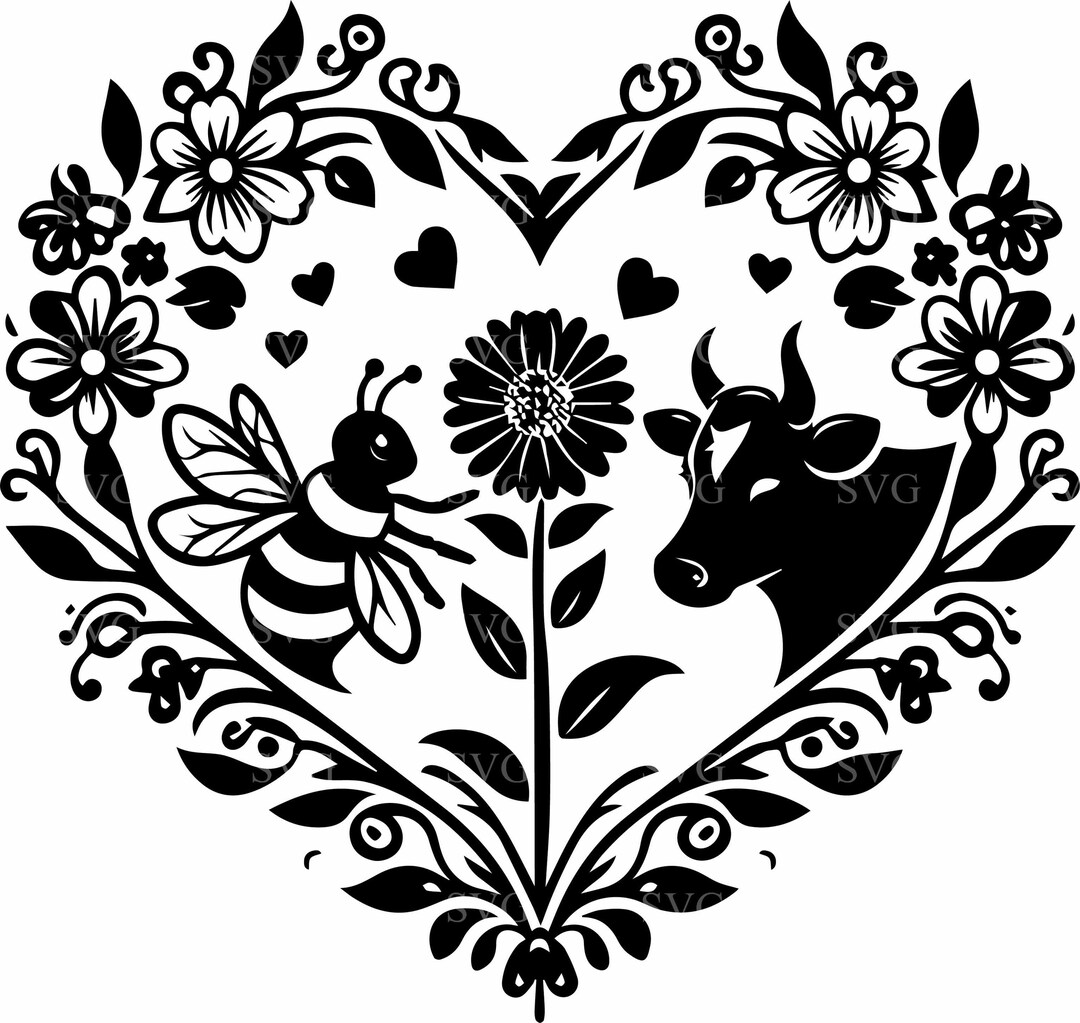 5 Cow and Bee Heart SVG Cut File, Floral Farm Animal Clipart for Cricut ...