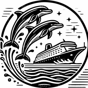 Dolphin Ocean SVG 4 Cut File, Cruise Ship and Jumping Dolphins Clipart ...