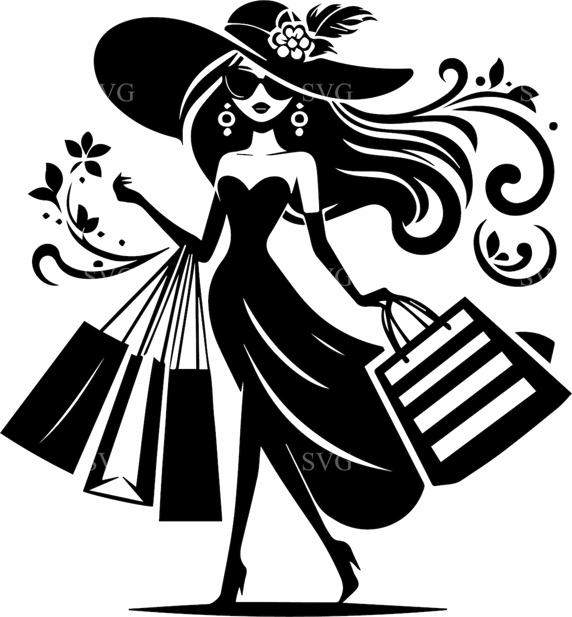 7 Fashion Shopping Lady SVG – 7 Elegant Woman With Bags Cut File ...