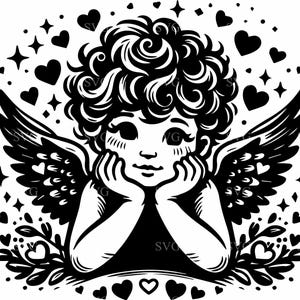 Dreamy Cupid SVG 4 Cut File, Adorable Angel With Hearts and Stars ...