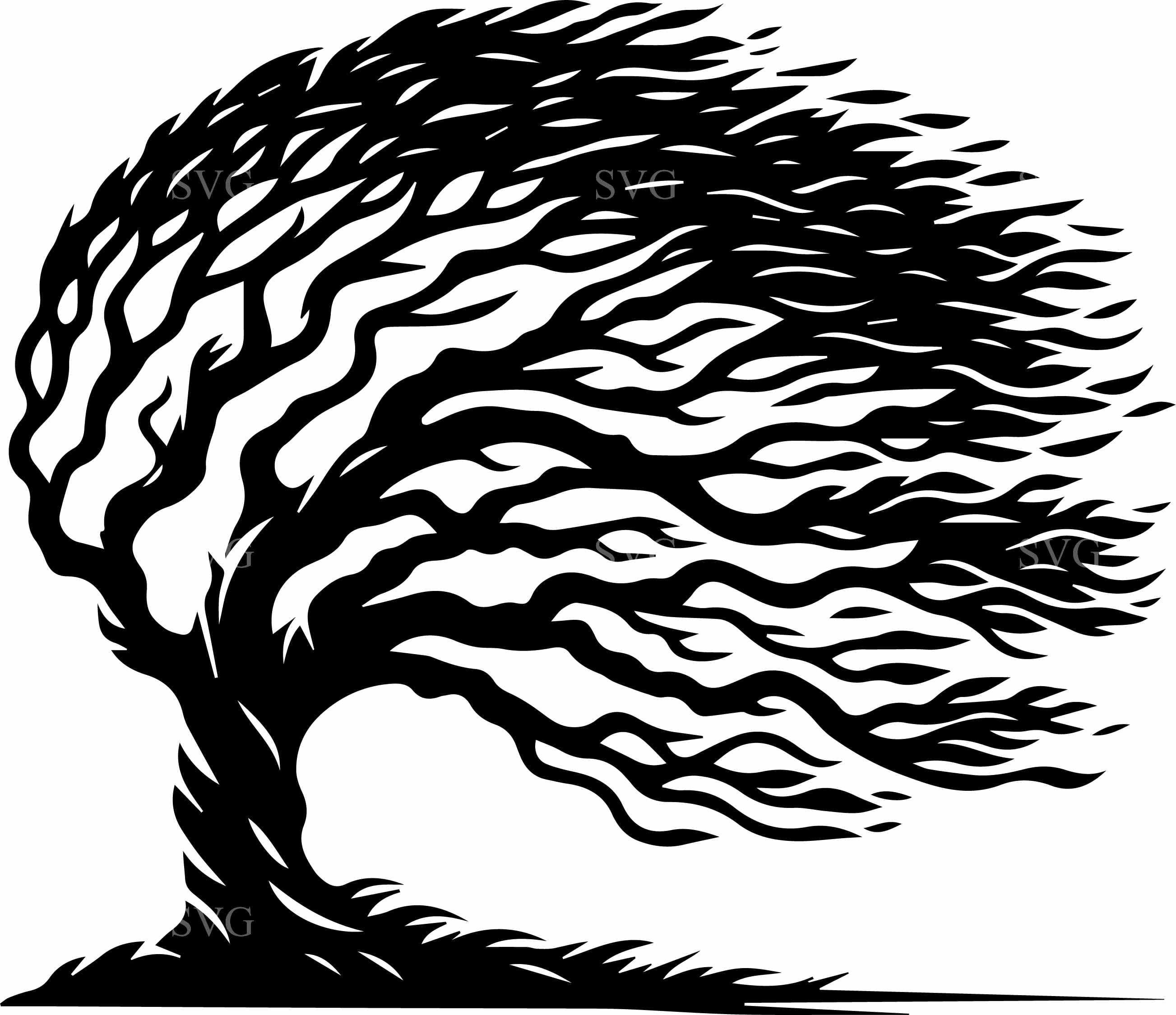 8 Windy Silhouette Tree SVG – 8 Blowing Tree Cut File for Rustic Decor ...