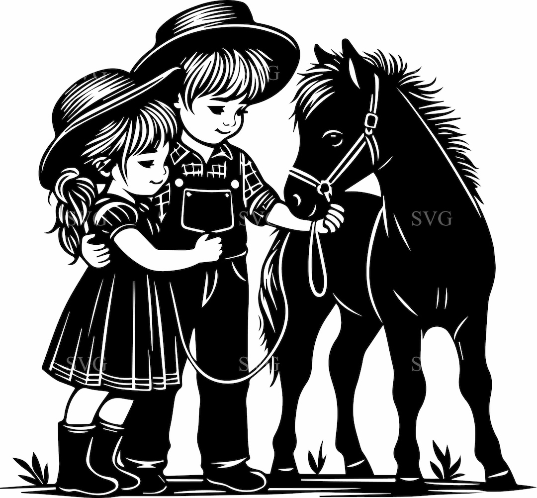 5 Farm Kids and Horse SVG – 5 Country Cut File – Rustic Animal Scene ...