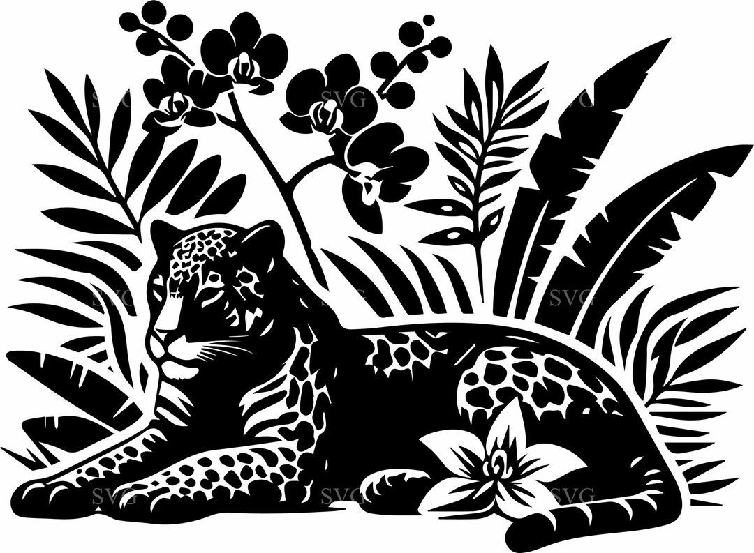 8 Leopard SVG, 8 Jungle Cat Silhouette With Tropical Flowers Cut File ...