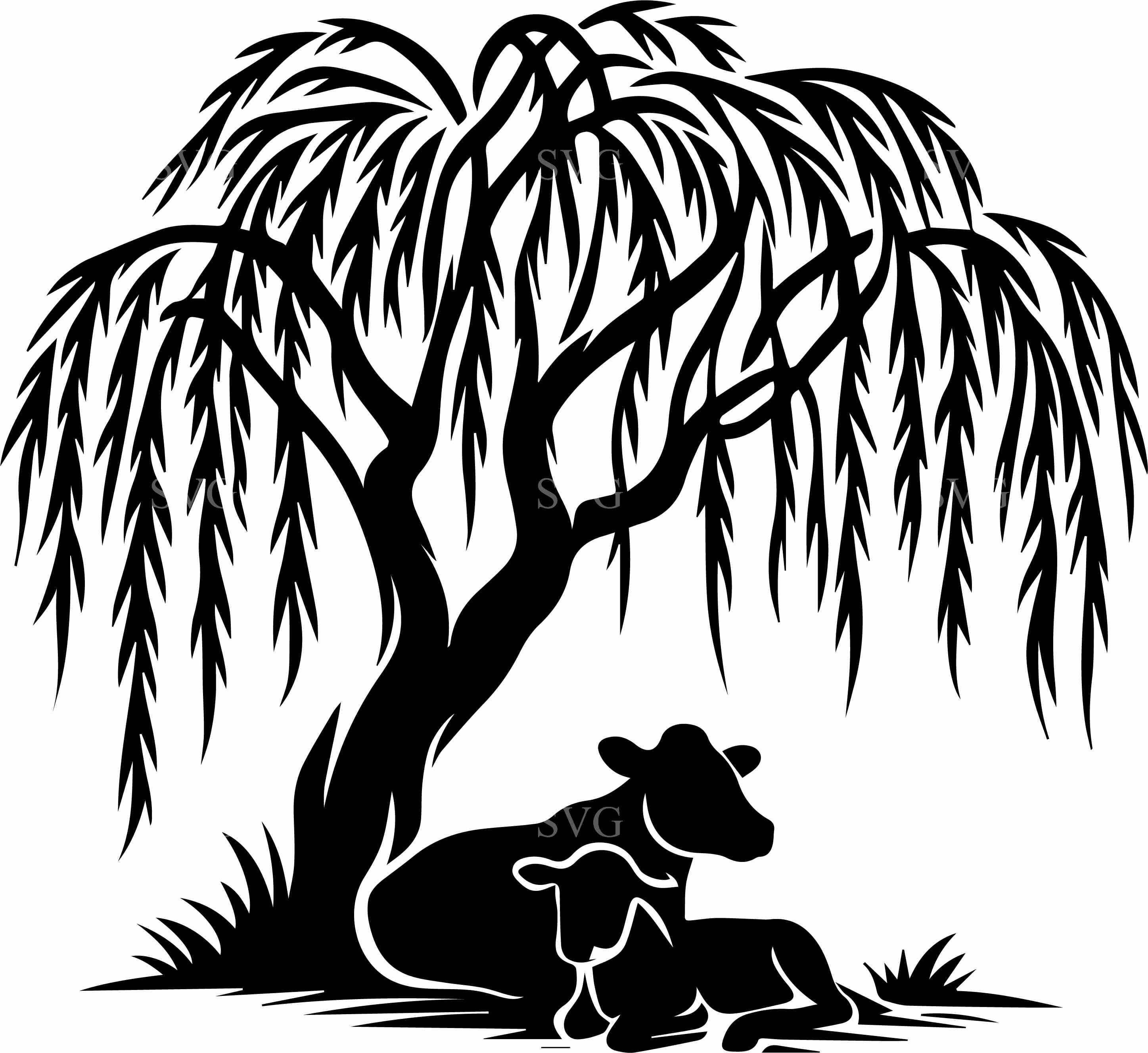 6 Cow and Calf SVG, 6 Willow Tree Shade Silhouette, Peaceful Pasture ...